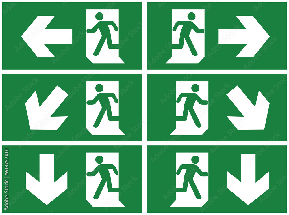 set of emergency fire exit sign with running man icon to door. green ...