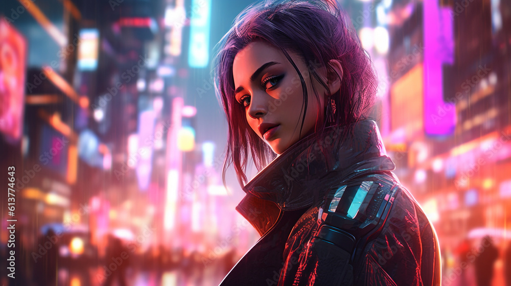Futuristic cyberpunk woman in the city at night. Female cosplay ...