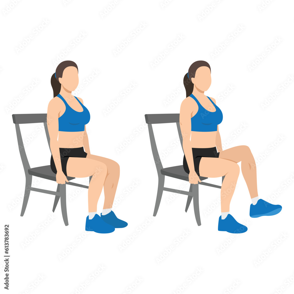 Woman doing seated knee lifts or seated knee elevations. Flat vector ...