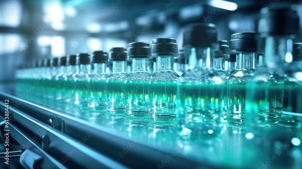 Pharmaceutical manufacture background with glass bottles on automatic ...