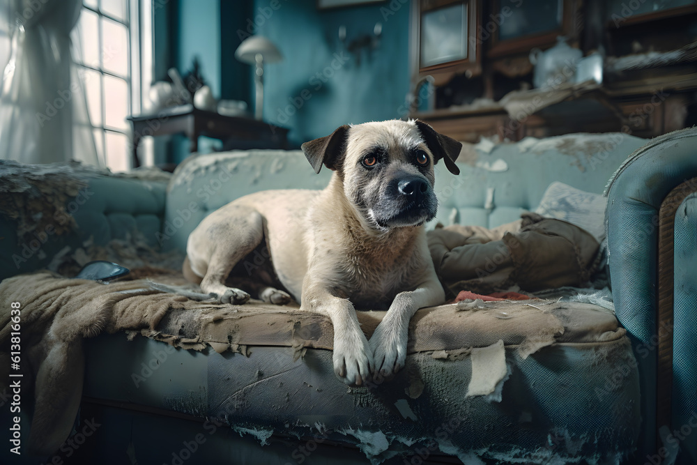 Pet dog very dirty lies on an old torn sofa living room after a walk in ...