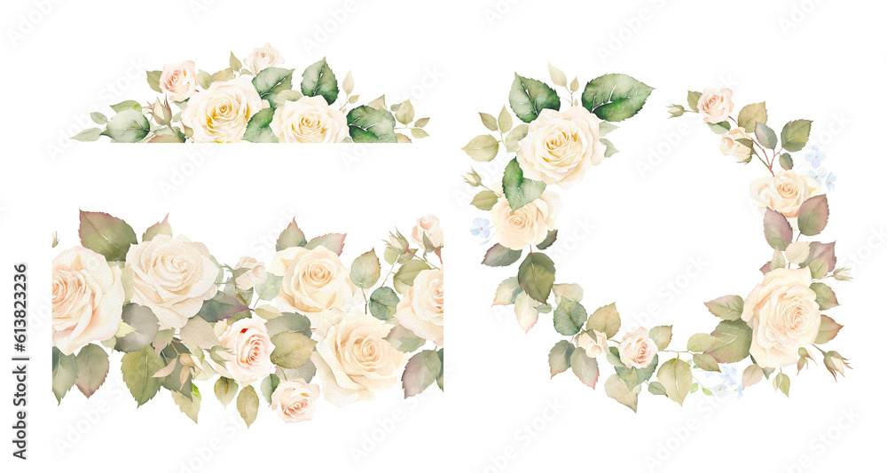 Watercolor floral illustration bouquet, borders and frames. Neutral ...