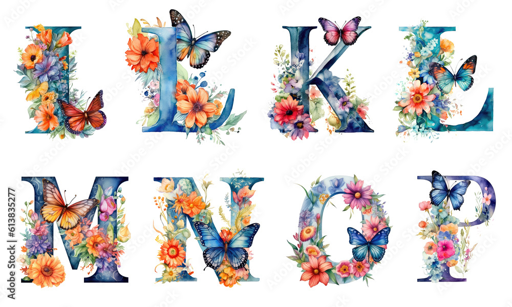Floral Alphabet With Butterfly Watercolor Clipart 02. Generative AI ...