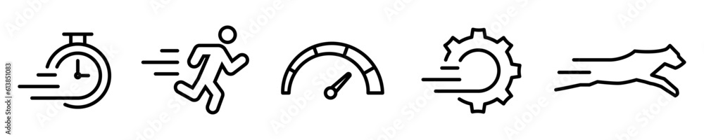 Conjunto de iconos de velocidad. Reloj, persona corriendo, velocímetro ...
