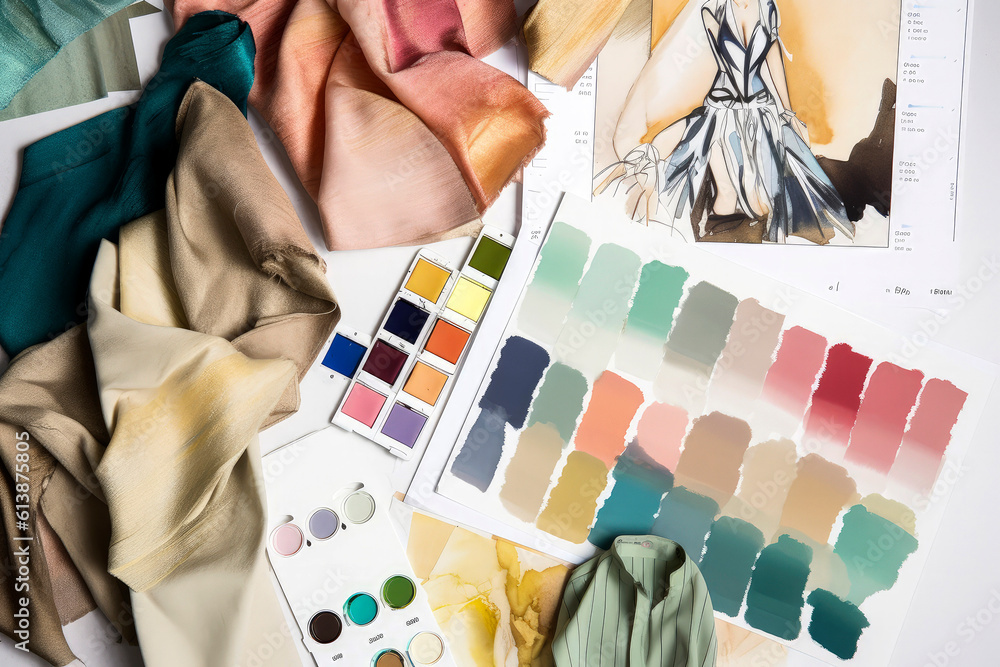 Generative AI illustration of fashion clothes sketches near fabric ...