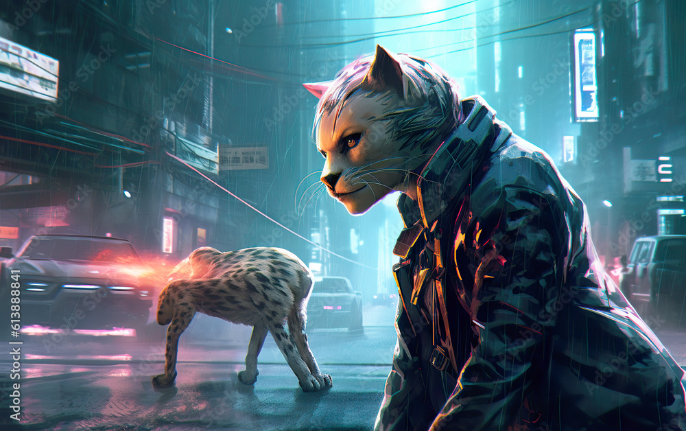 Stock-Illustration „Futuristic cat cyborg with neon cybernetics ...