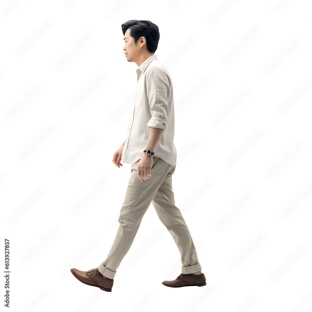 Asian man walking in comfort outfit. Full body isolated on transparent ...