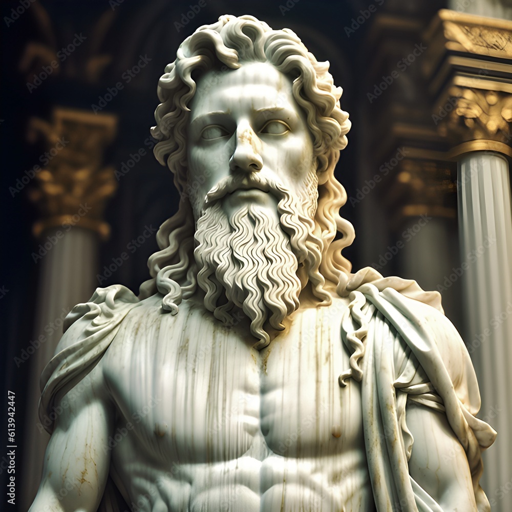 Image featuring a chiseled white marble statue bust of Greek god Zeus also known as the Roman ...