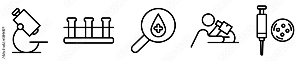 Conjunto de iconos de laboratorio clínico. Concepto de medicina, ciencia e investigación ...