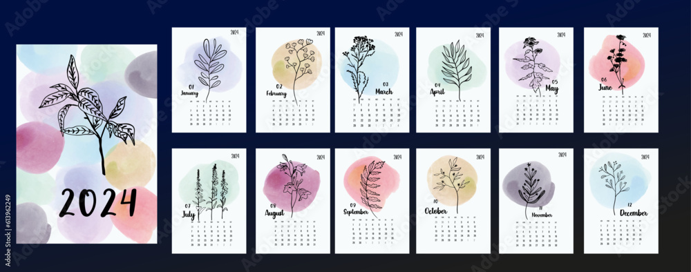 2024 calendar layout on a botanical theme. Calendar design concept with ...