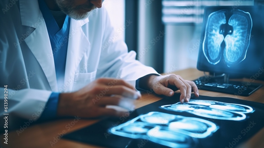 The doctor checks up x-ray film of the brain by ct scan brain at the ...