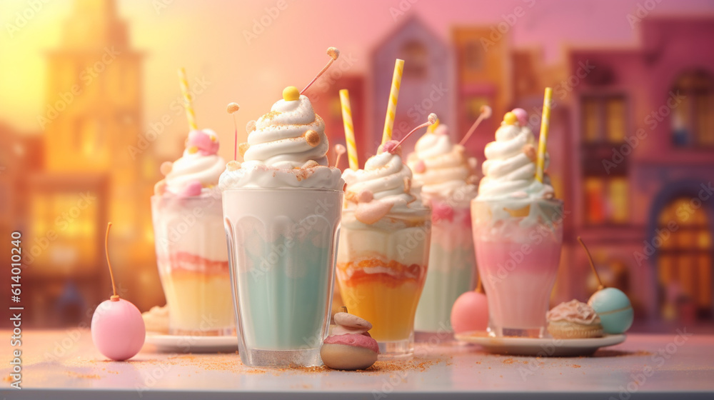 Milkshakes cute art, pink and yellow, korean style, panoramic ai art ...