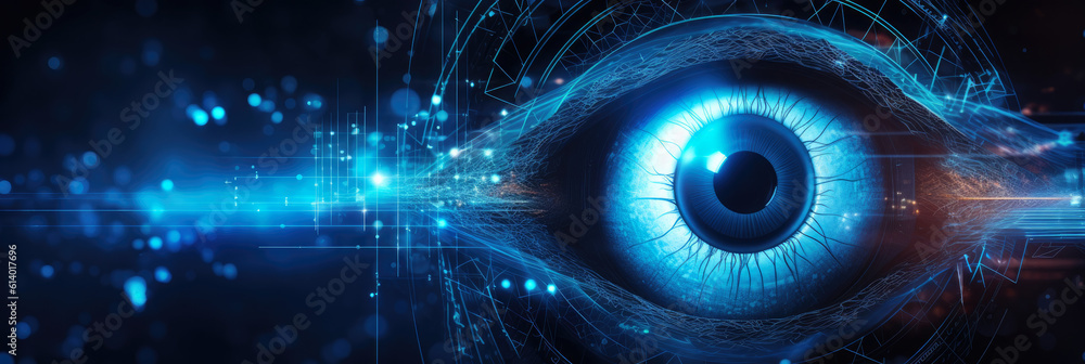 panoramic wallpaper of a stylized human eye with a digital network ...