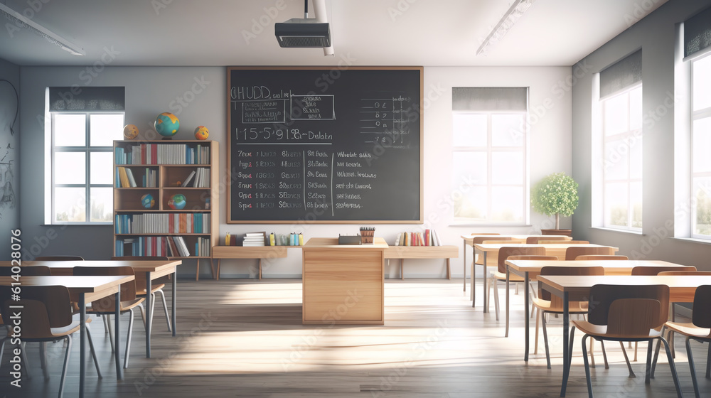 Generative AI Classroom design with modern desks, seats, blackboard ...