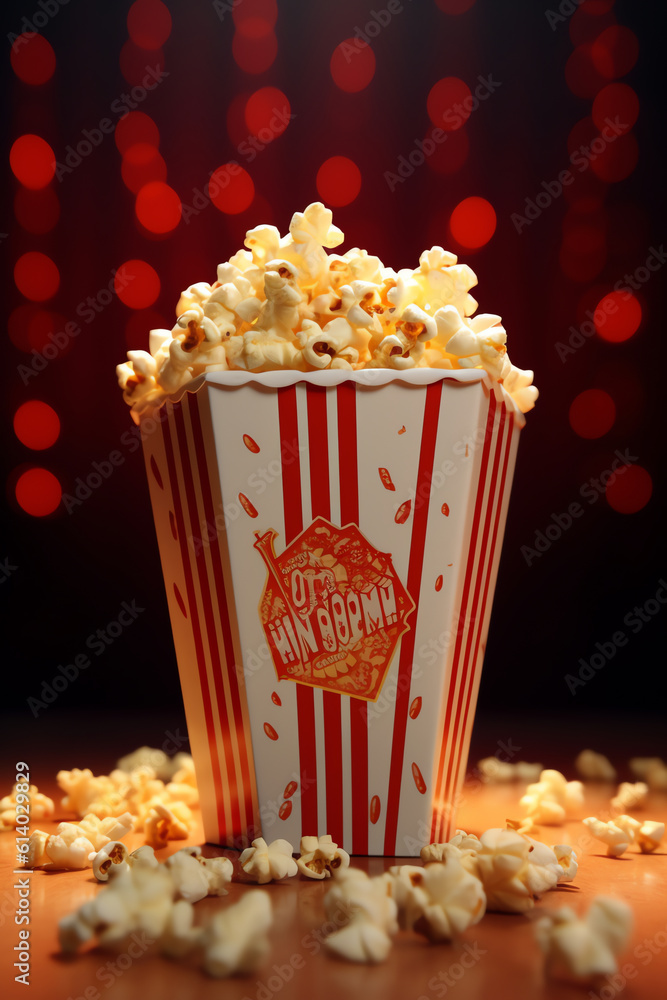 Generative AI One red cinema chair with fizzy drink and box of popcorn ...