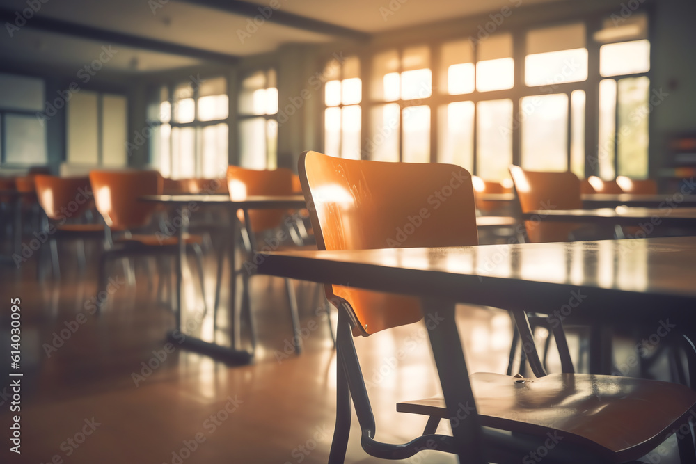 Generative AI School classroom in blur background without young student; Blurry view of ...