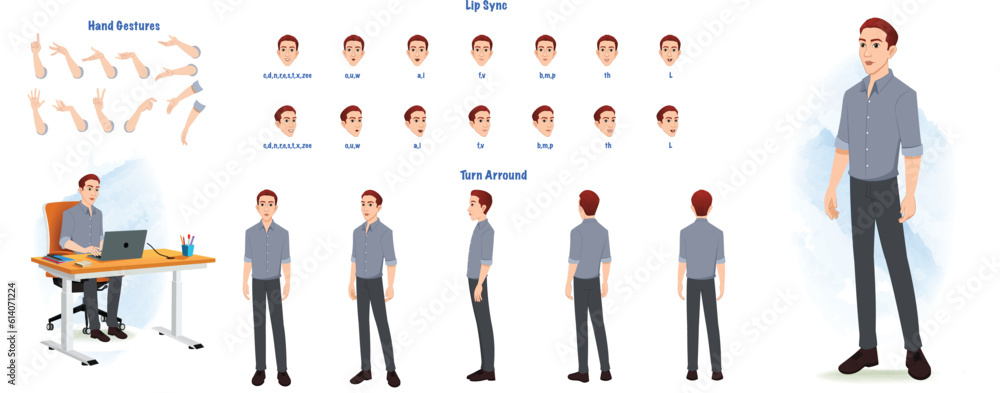 A man model sheet. Male creation set. Male turnaround sheet, hand gestures, lip sync Stock ...