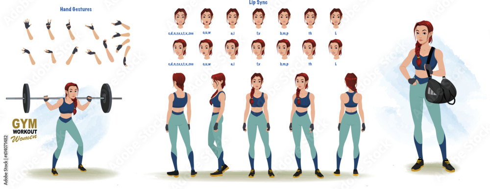 Woman workout model sheet. Woman workout turnaround sheet, hand ...