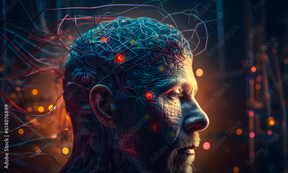 Profile of a male head connected by neurons to a computer processor ...