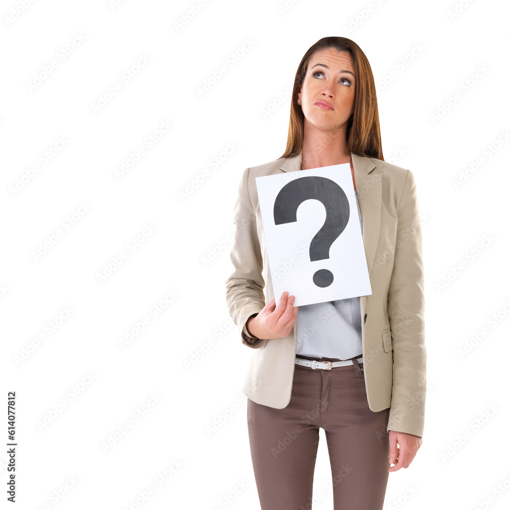 Question mark, poster and confused business woman with doubt isolated ...