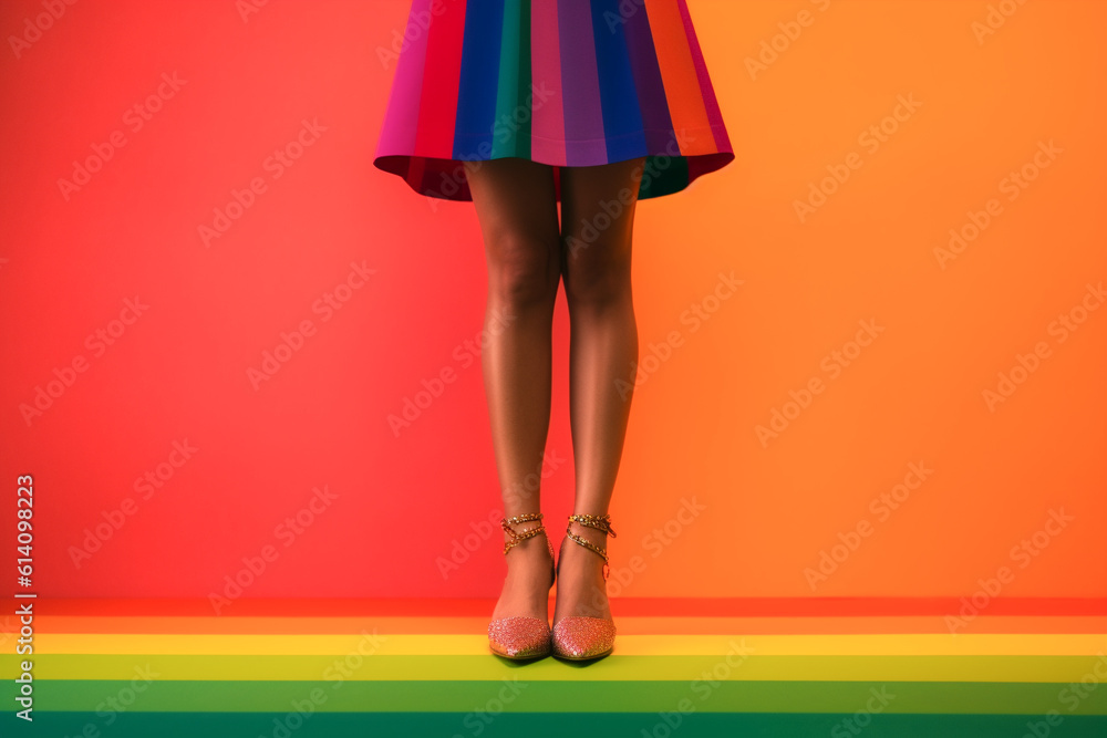LGBTQ generative ai woman's legs with rainbow flag patterns in a studio ...