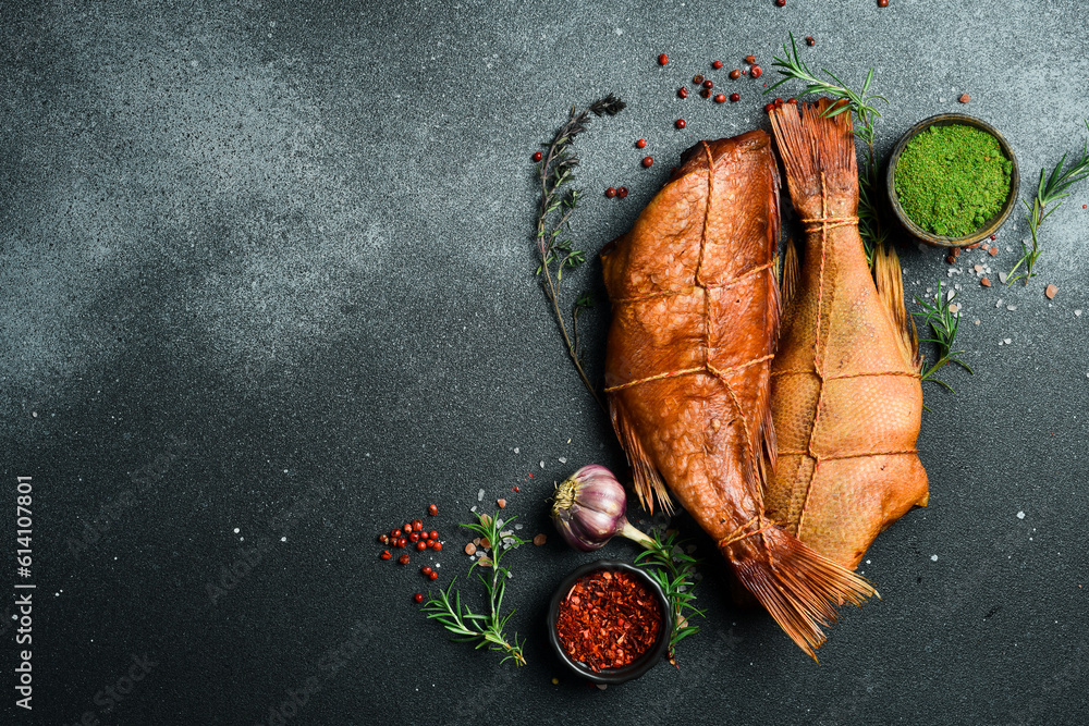 Smoked fish red sea bass. Sea bass closeup. Delicious seafood for ...
