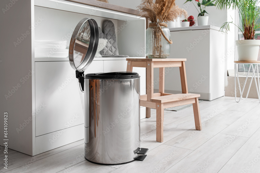 Opened metallic trash bin in interior of modern kitchen Stock Photo ...