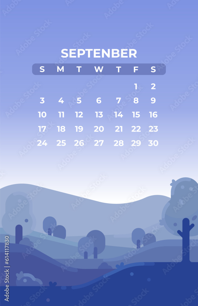 Vector septenber landscape calendar illustration. Simple vertical 2d ...