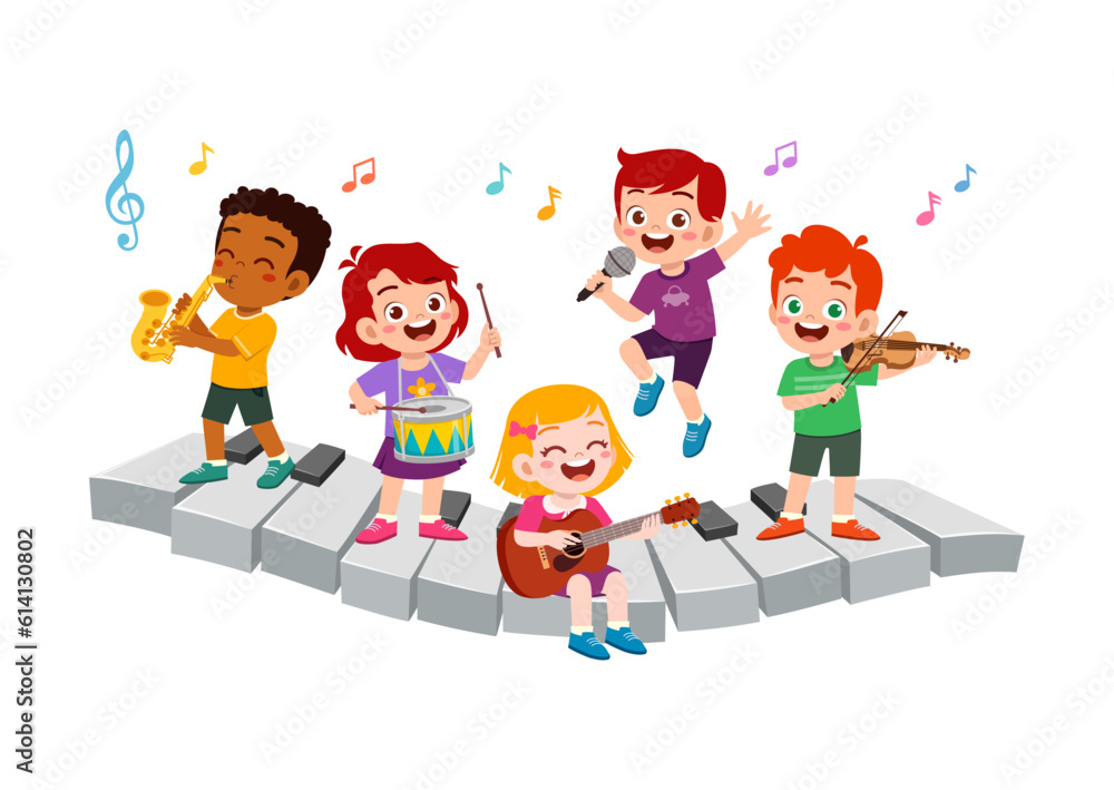 little kid sing and dance with friends together Stock Vector | Adobe Stock