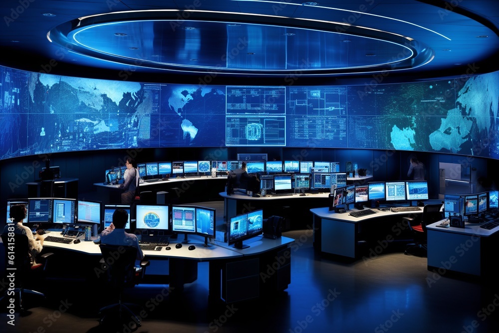 Modern control room with multiple screens displaying real-time logistics data, operators ...