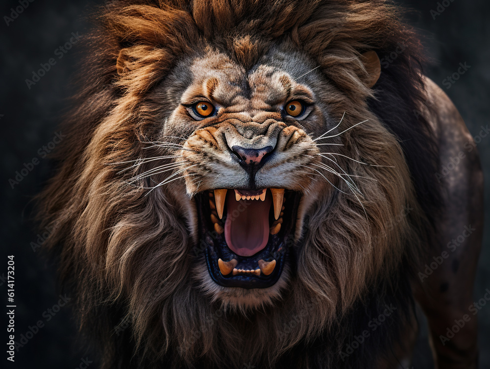 Furious lion portrait with intense eyes and big teeth. Lion head with ...