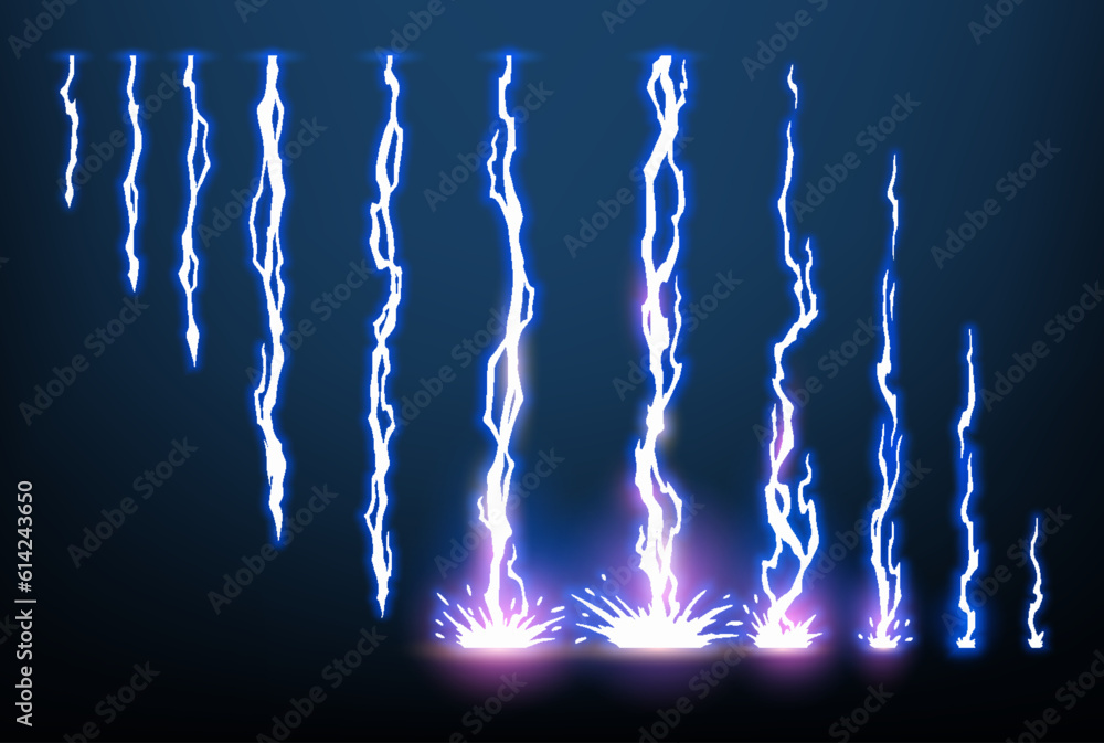 Lightning animation set with sparks. Electricity thunderbolt danger ...