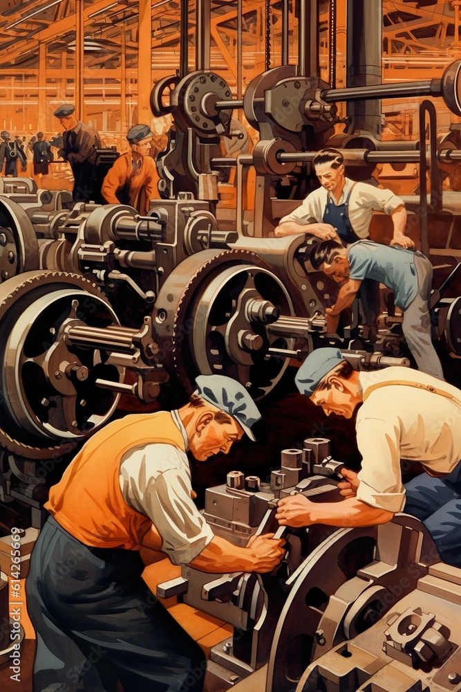 This detailed illustration depicts a scene from a 1930s factory floor ...