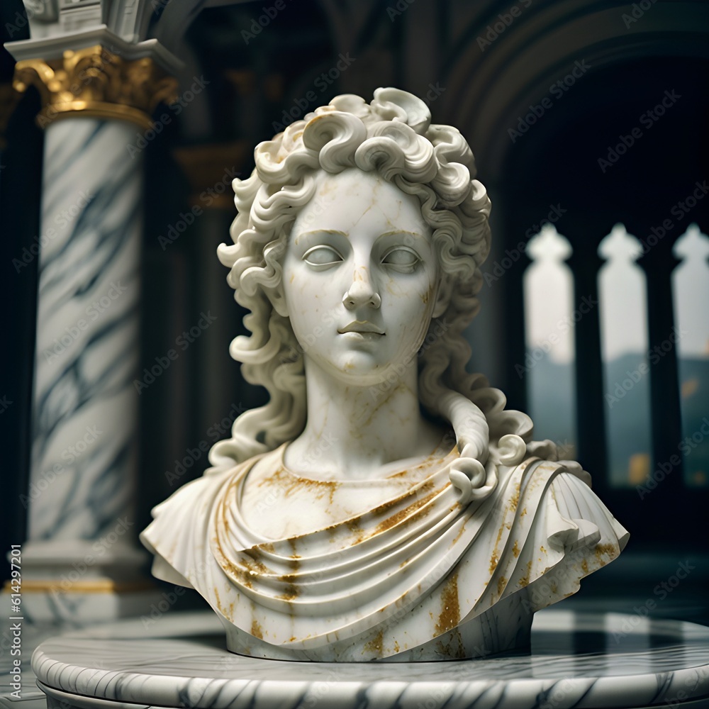 Image of a white marble statue of a young woman with alabaster skin ...