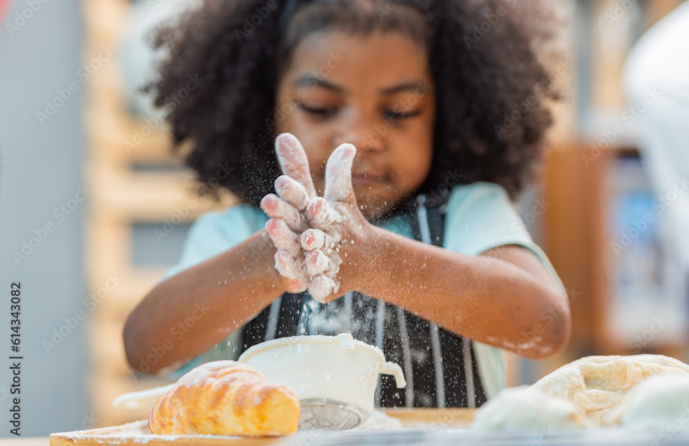 Foto de Stock african afro black daughter kids sifting flour powder and ...