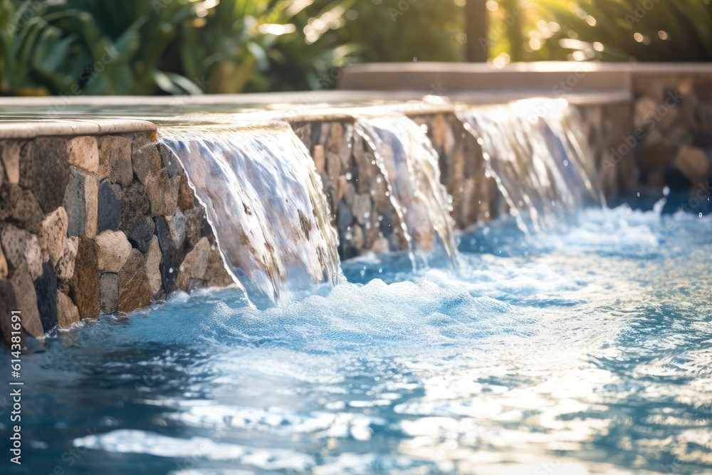 Cascading water feature in a high-end pool, evoking a sense of serenity ...
