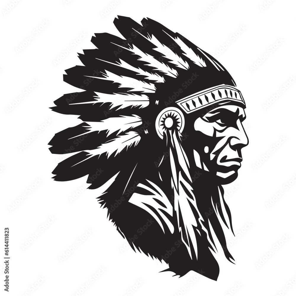 An iconic Native American chief in a black and white vector ...