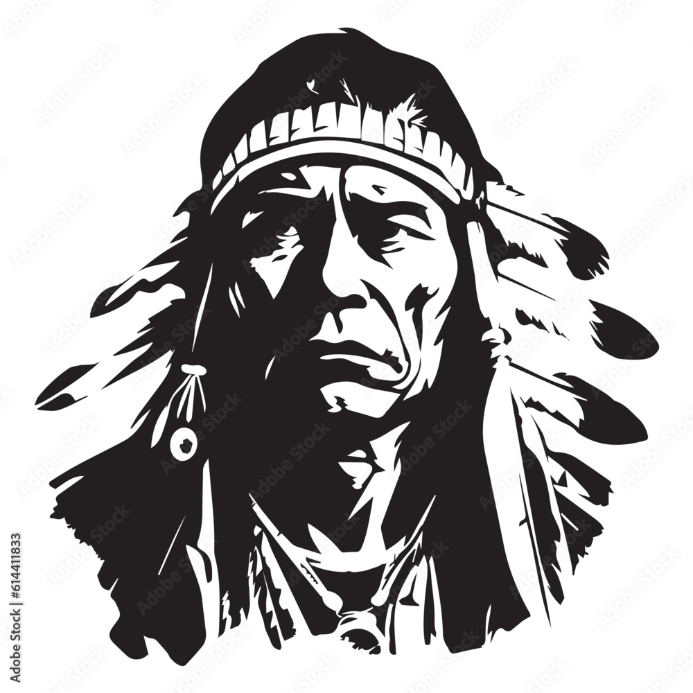An iconic Native American chief in a black and white vector ...