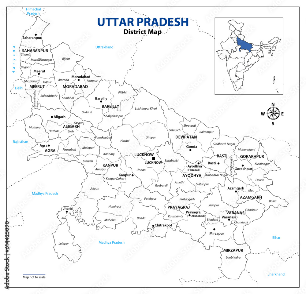 Uttar Pradesh political map, Indian State Map, Stock Vector | Adobe Stock