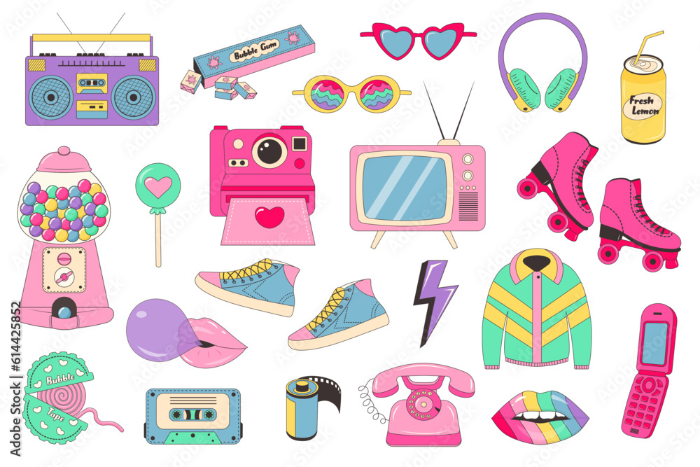 Retro 80s 90s clipart set. Cute y2k glamour fashion patches, badges ...