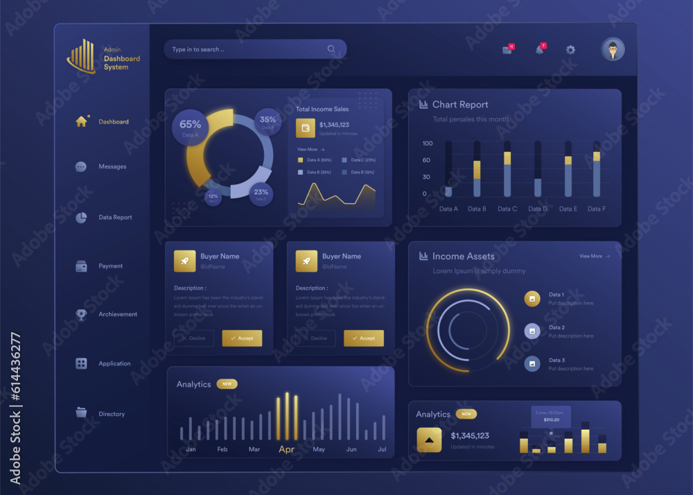 Infographic NFT dashboard. UI design with graphs, charts and diagrams. Web interface template ...
