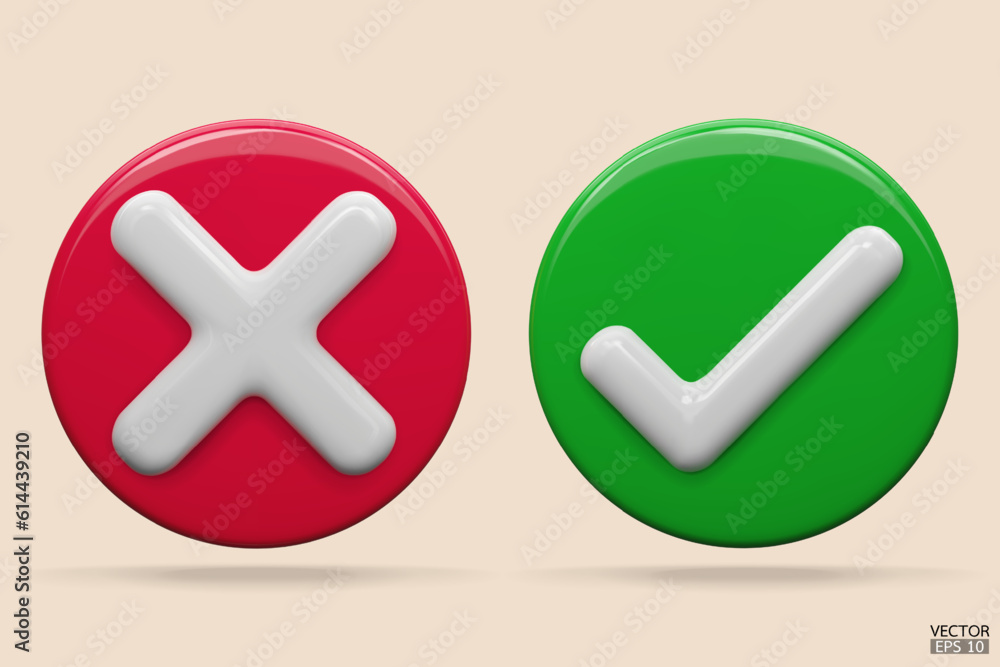 3D green Checkmark and red X mark icon. Checkmark right symbol, tick ...