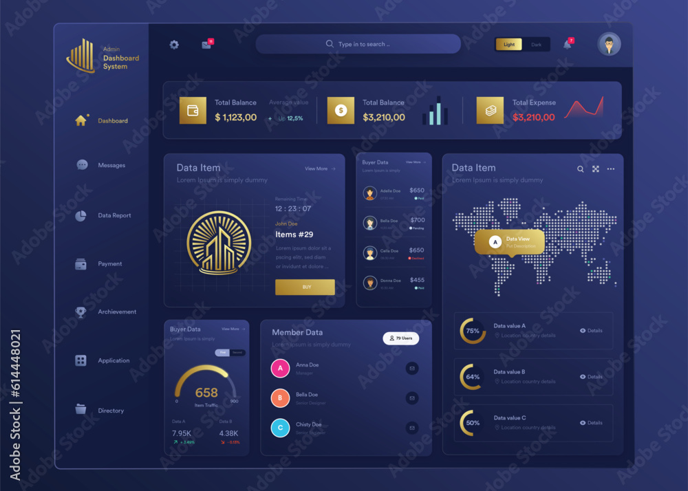 Infographic NFT dashboard. UI design with graphs, charts and diagrams. Web interface template ...