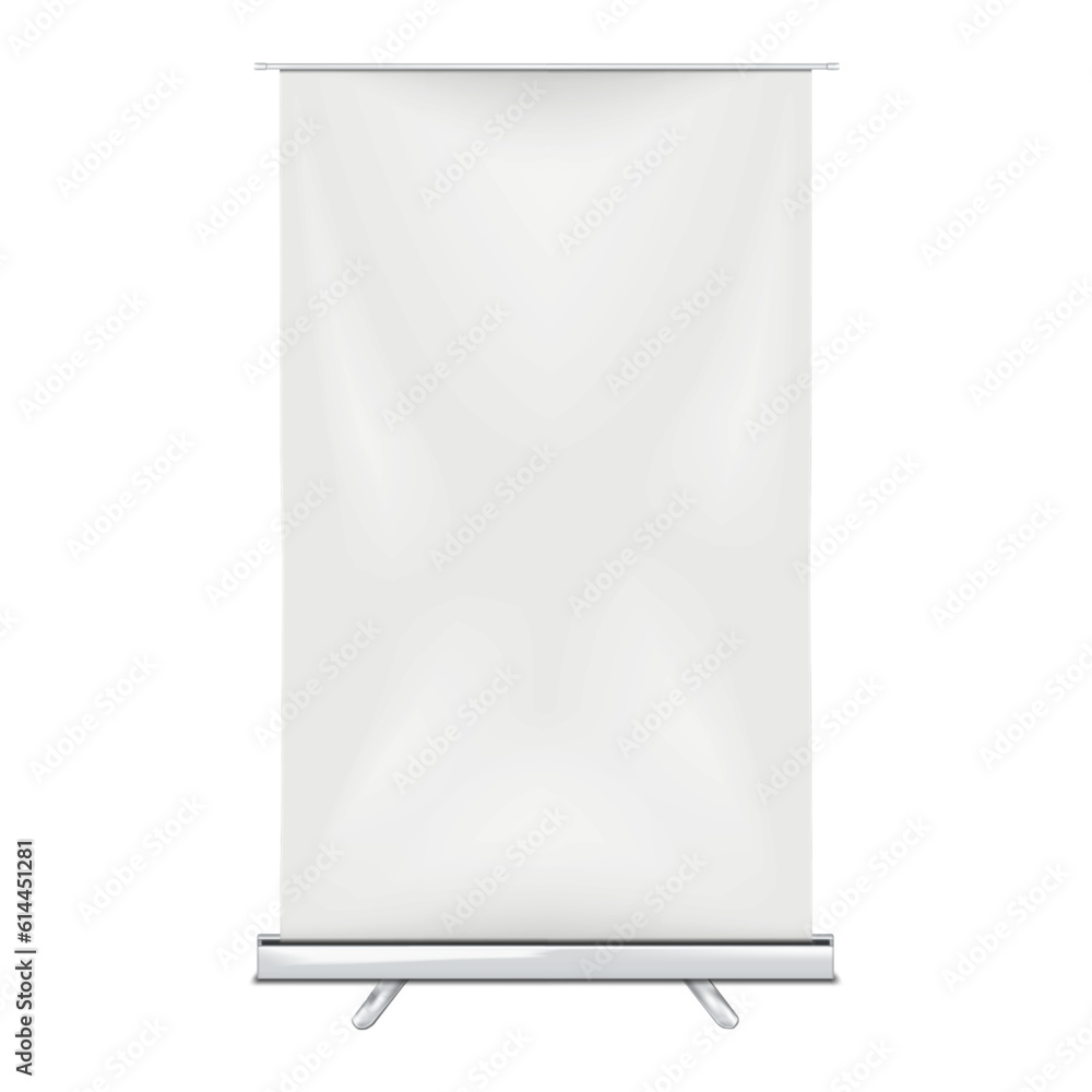 Blank vertical roll-up banner stand vector mock-up. Pull-up roller ...