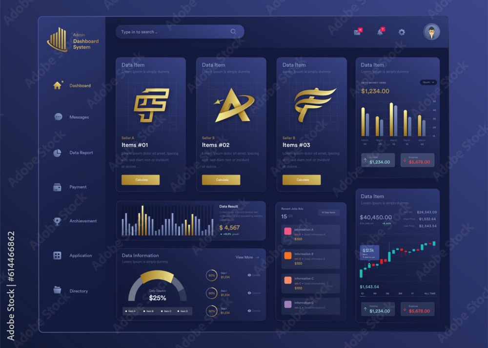 Infographic NFT dashboard. UI design with graphs, charts and diagrams. Web interface template ...