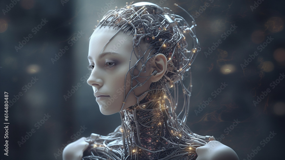 a robot or a woman half a robot with mechanical technological body ...
