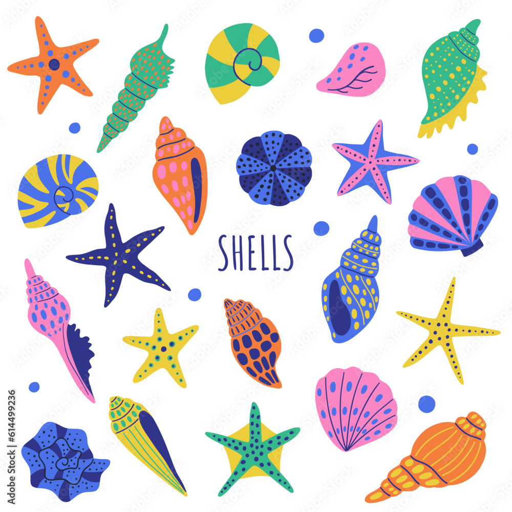 Set of colored sea shells, molluscs, scallops, starfishes. Cartoon ...