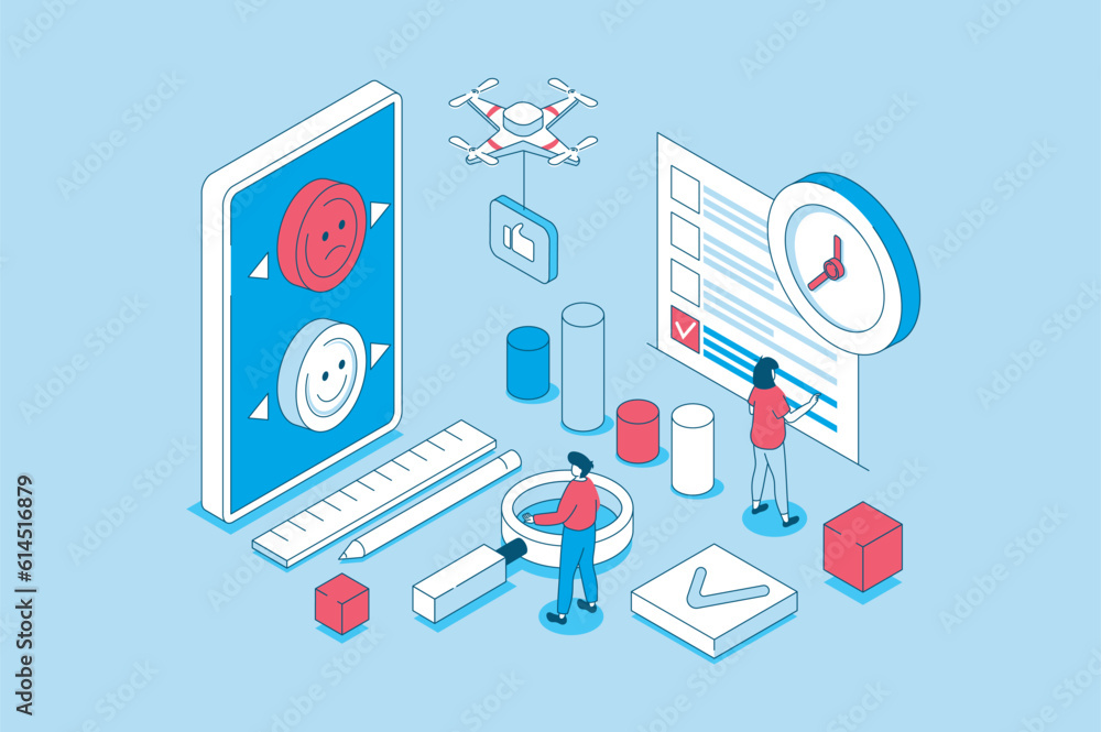 Survey concept in 3d isometric design. People answering in ...