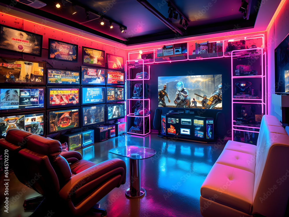 Video game room interior with colorful game-themed decor and shelves ...