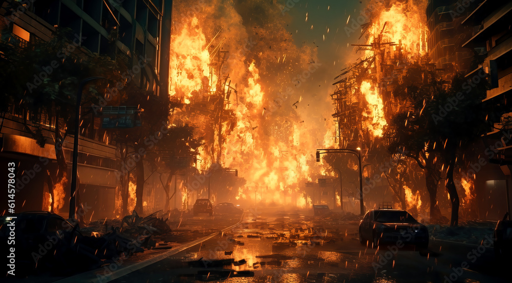 Intense warzone illustration. A scene of destructive chaos unfolds ...